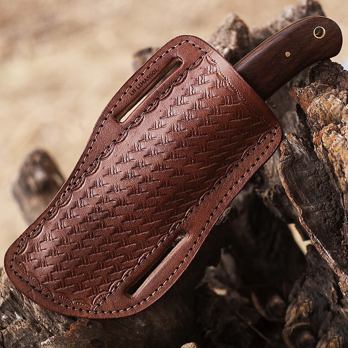 LH LIMASSOL Leather Knife Sheath, Slanted Pancake Sheath, Tooled Leather Sheath, Belt Sheath,Trapper Knife Sheath, Cow Boy Bull Cutter Knife Leather Sheath 100% Real Leather and Exotic Cow Hide Sheath