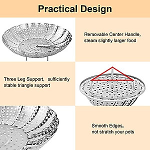 Elyum Vegetable Steamer Basket Stainless Steel Vegetable Steamer for Cooking Foldable Expandable Steamer Basket Insert with Removable Center Handle Adjustable Sizes to Fit Various Pots (5.2" to 8.6")