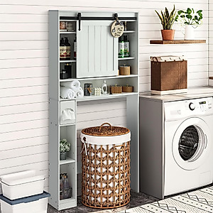 KIGOTY Over The Toilet Storage Cabinet, Bathroom Storage Organizer with Sliding Doors, Toilet Rack with Adjustable Shelf,Freestanding Space-Saving Storage Rack for Laundry Room,Bathroom,White