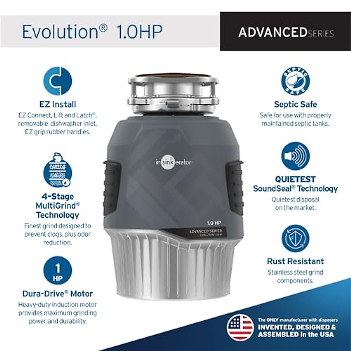 InSinkErator EVOLUTION 1HP 1 HP, Advanced Series Continuous Feed Food Waste Garbage Disposal, Gray