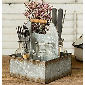 Primitive Galvanized Metal Organizer w/Four Jars Rustic Bin Farmhouse Gray Home and Garden