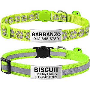 TagME 2 Pack Personalized Reflective Cat Collars Breakaway with Bell, 7-12 Inch Adjustable Pet Collars for Boy & Girl Cats, Green