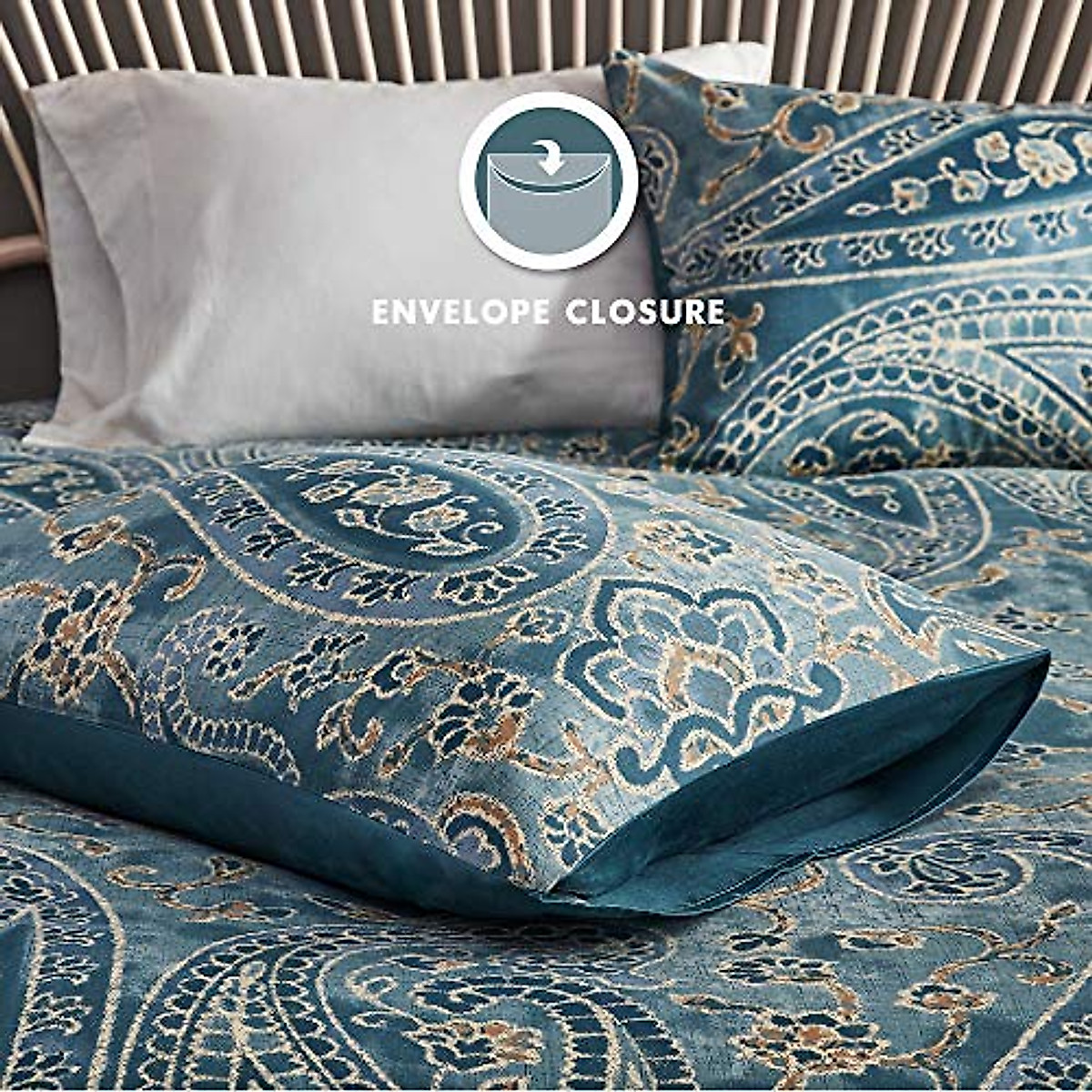 Inspire by Intelligent Design Reversible 100% Cotton Sateen Duvet - Breathable Comforter Cover, Modern All Season Bedding Set (Insert Excluded), Belcourt, Paisley Blue King/Cal King(104" x 90")