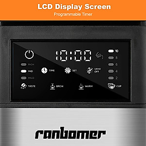 Ranbomer Coffee Maker With Grinder, 10 Cup Coffee Machine,Programmable Grind & Brew, Keep Warm Plate Coffee Machine and Burr Grinder Combo，51 oz
