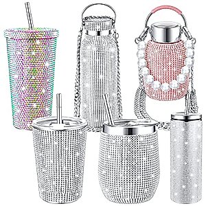6 Pieces Bling Cup Glitter Rhinestone Water Bottle Insulated Studded Bling Tumbler Refillable Diamond Stainless Steel Thermal Bottle with Chain Lids Straws for Wine Coffee, 12 oz, 17 oz, 20 oz, 25 oz