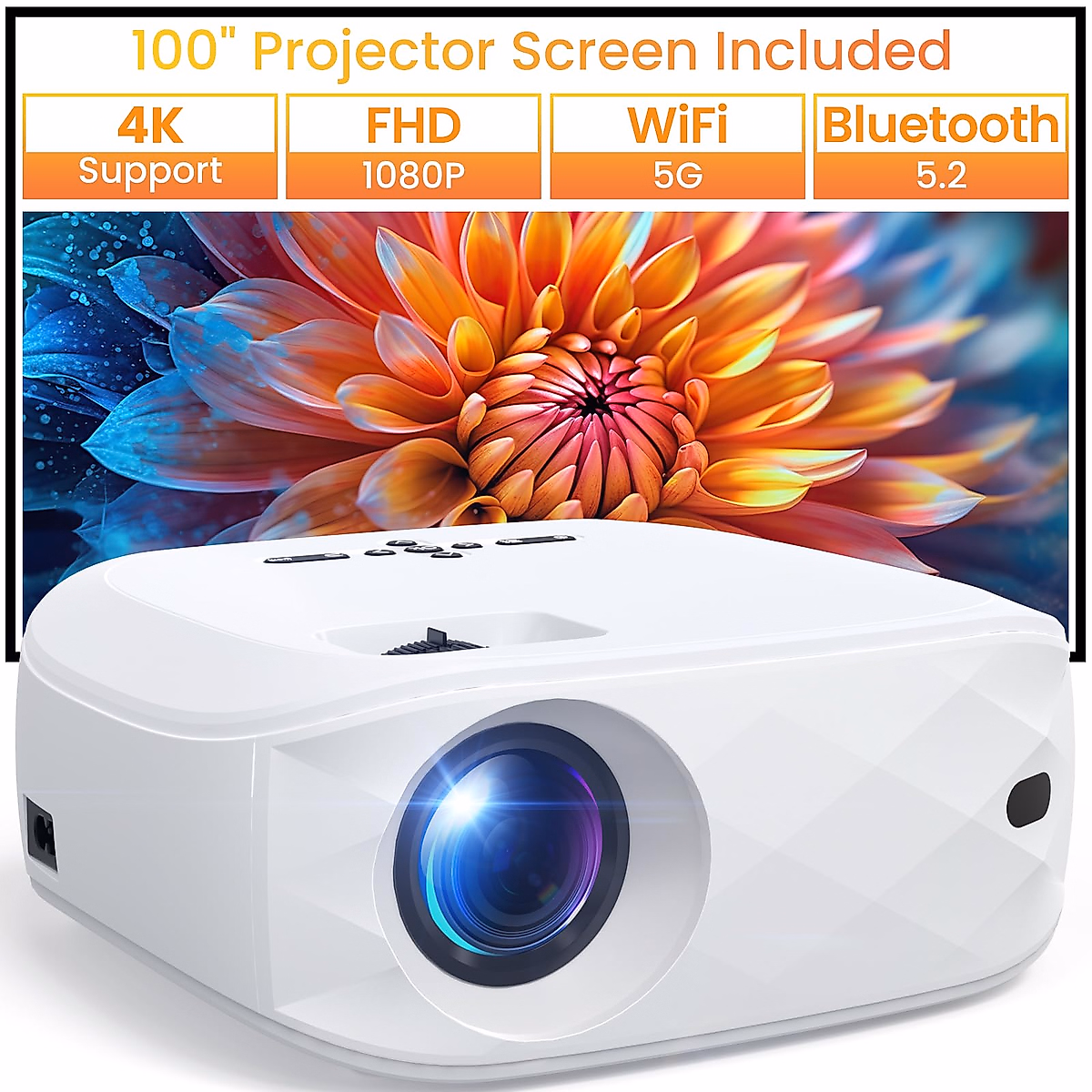 HAPPRUN Projector, 5G WiFi Bluetooth Projector, Native 1080P Portable Projector with Screen and Bag, Support 4K, Zoom, 300" Outdoor Movie Projector Compatible with iOS/Android/TV Stick/PS5