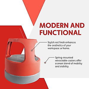 Cramer Scooter Stool, Round, 2-Step, 15", Step and Lock Wheels, 300 lb Capacity, Red
