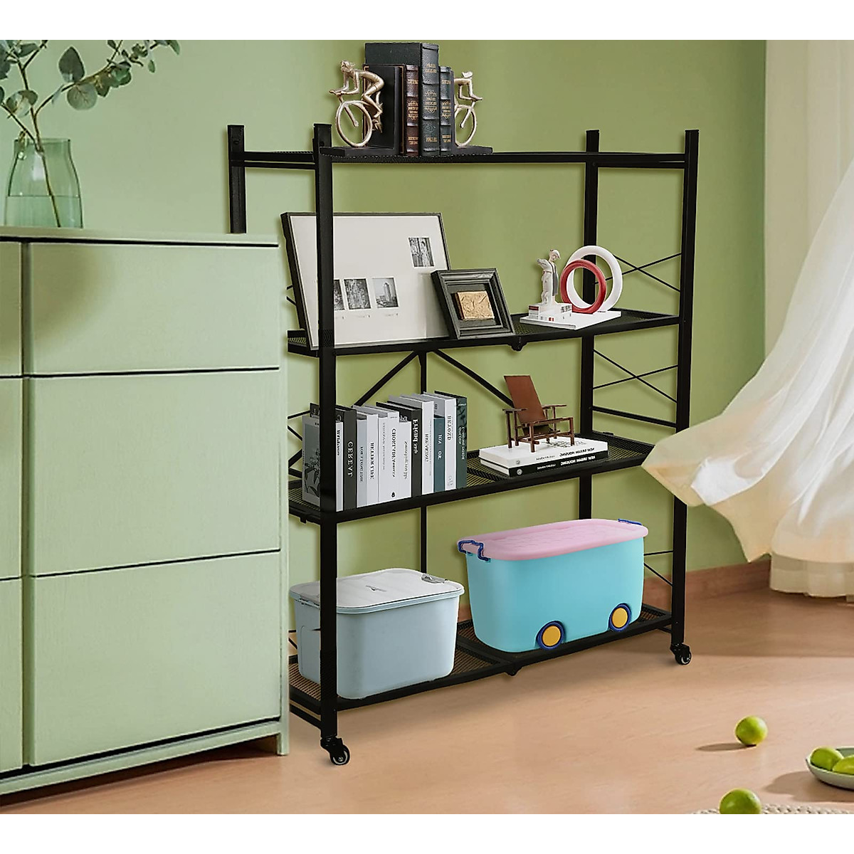 Foldable Shelves 4 Tier Heavy Duty Metal Storage Shelves with Wheels - No Assembly Collapsible Shelving Unit for Kitchen Garage Hold up to 1000 lbs