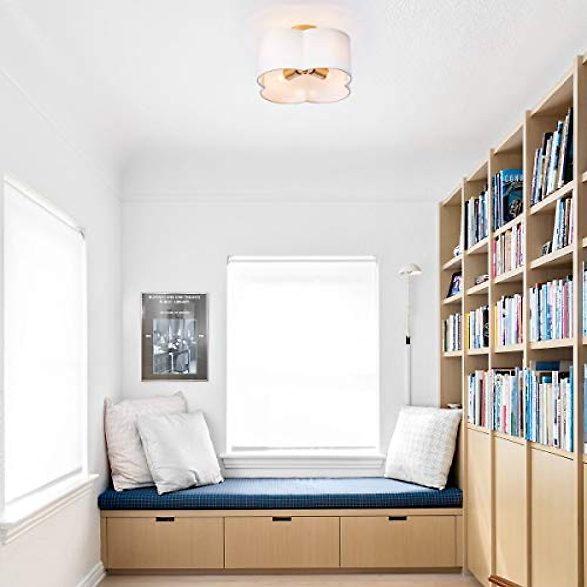 VILUXY Semi-Flush Mount Ceiling Light Fixture Cream White Fabric Drum Shade Antique Brass Brush Paint Finish for Bedroom, Dining Room, Corridor, Living Room 13.77" 4-Light