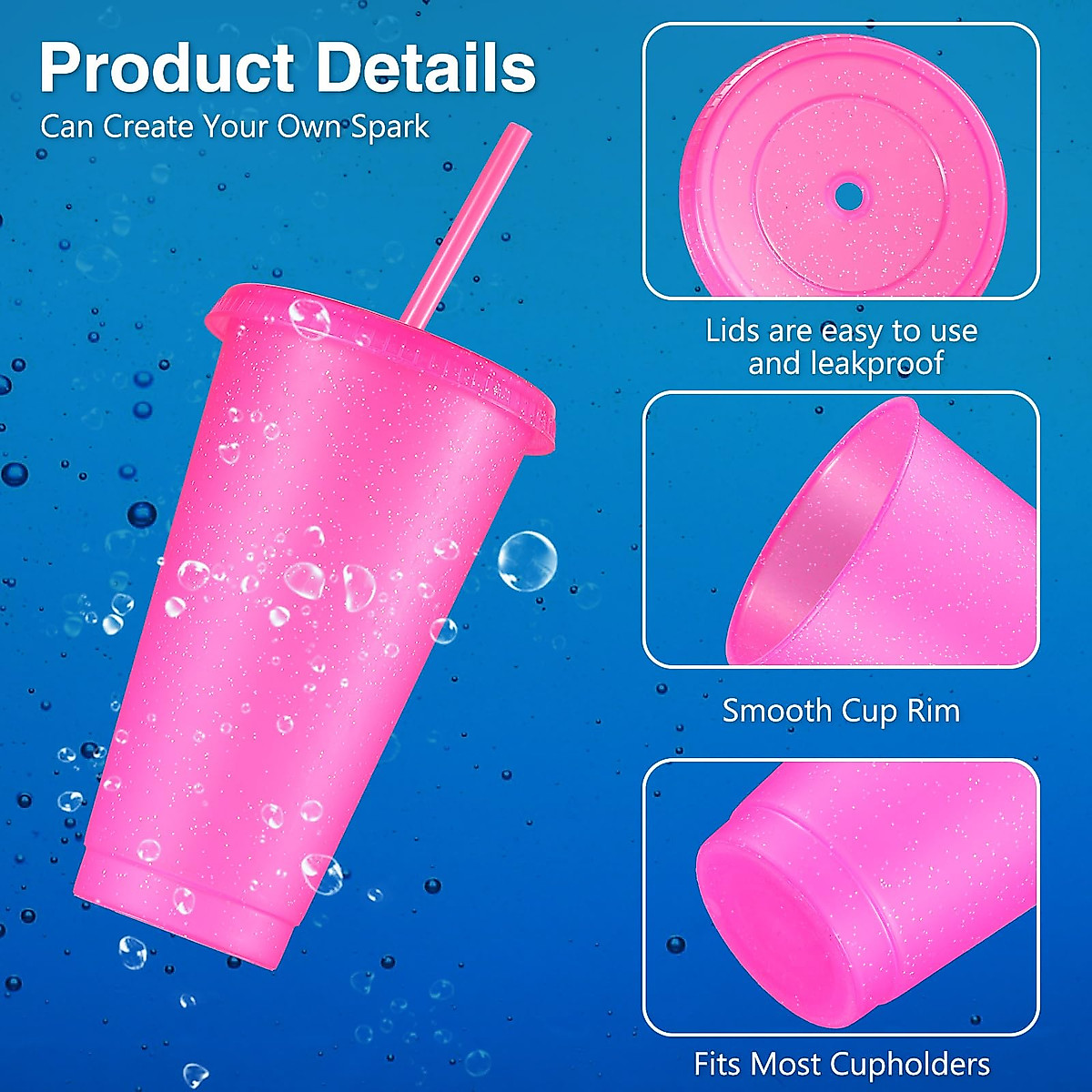 Amyhill 12 Pcs Reusable Cups with Lids and Straws 24 oz Plastic Tumbler Iced Coffee Cup Travel Mug for Smoothie Juices Birthdays Sleepover Party Supplies for Girls(Hot Pink, Shiny Color, 12 Pcs)