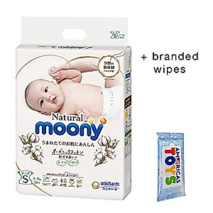 Baby Organic Diapers – Moony Natural Diapers Bundle with Americas Toys Wipes – Japanese Diapers Organic Cotton Additive-Free Ingredients Notification Strips Packaging May Vary Small (9-18 lb) 58 Count
