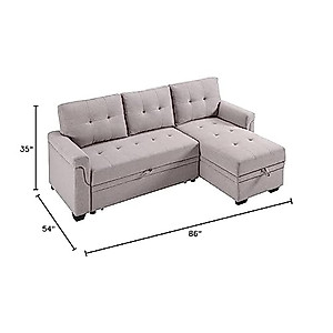 Oadeer Home 86" Reversible Sleeper Sofa with Chaise Storage Sectional, Light Gray