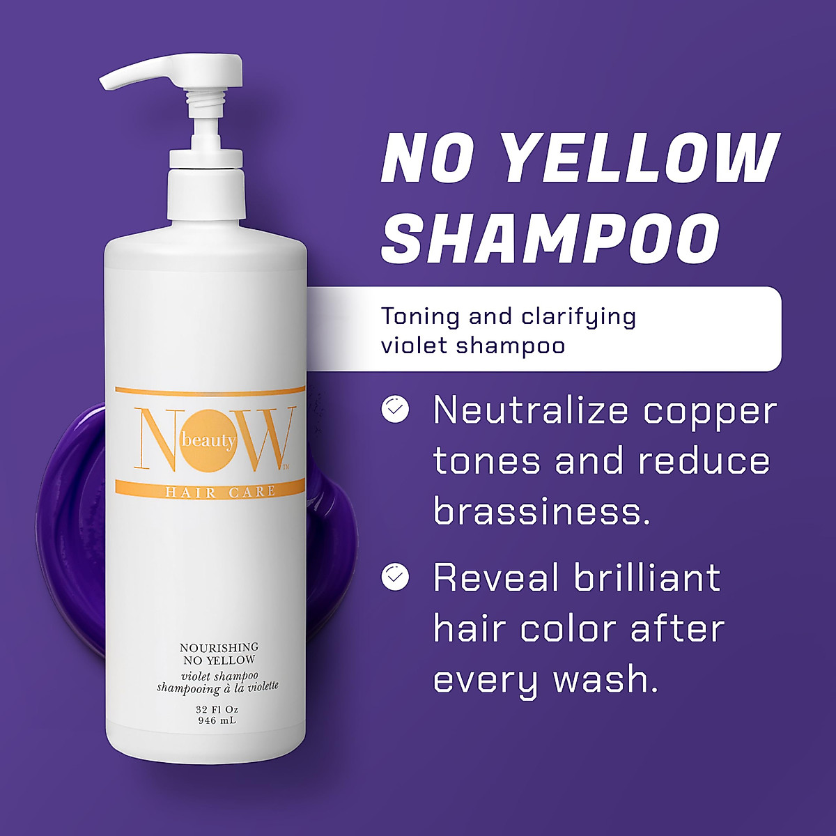 NOW BEAUTY Nourishing No Yellow Violet Shampoo - Purple Shampoo for Blonde Color-Treated Hair - Removes Brassiness - Hydrate - Vegan - Color safe - Paraben & Sulfate free - For Men & Women - 32 Oz