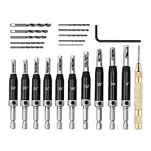 22PCS Self Centering Drill Bit Set, Door Window Cabinet Hinge Hardware Drill Bits, 10 Tapper Core Hole Puncher with 10 Replacement Drill Bits & Hex Key & Center Punch