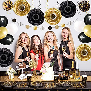 DECORLIFE Black Paper Plates, 400PCS Serves 50, Black and Gold Plates and Napkins Party Supplies, 12oz Cups, Utensils, Straws for Graduation Homecoming Retirement Anniversary Birthday Party