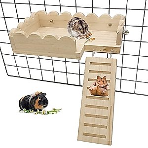 BNOSDM Wooden Hamster Platform for Cage with Ladder Dwarf Hamster Standing Platform Wood Rat Cage Accessories Exercise Toy for Mouse Guinea Pig Chinchilla Gerbil Squirrel (S)
