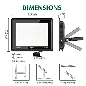 EVCUHASL 2 Pack 150W LED Flood Light Outdoor, 12000lm Super Bright LED Work Lights, Upgraded IP67 Waterproof Security Lights, 5000K White Spot Daylight Outside for Yard, Garage, Barn, Garden