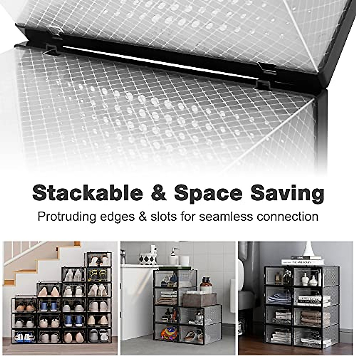 Yescom 18 Pack Shoe Storage Box Clear Shoe Organizer Bins for Closets Stackable Sneaker Container Foldable Home Closet Apartment Use Small Size Black