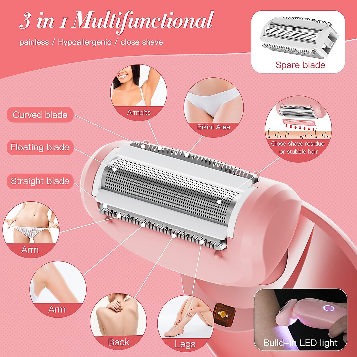 Electric Razor for Women - Womens Shaver Bikini Trimmer for Legs Bikini Underarm Public Hairs Rechargeable Wet and Dry Cordless with LED Light(Pink)
