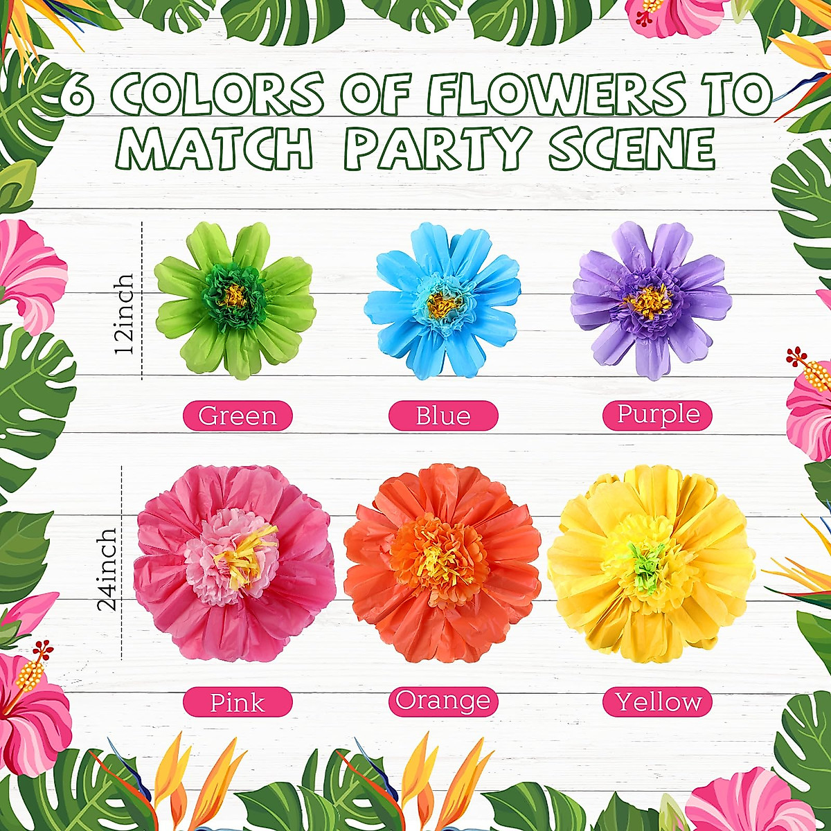 40 Pcs Large Paper Flowers and Artificial Tropical Leaves, 24''/12'' Jumbo 3D Chroma Paper Flowers Faux Leaves for Safari Jungle Hawaiian Luau Party Birthday Wedding BBQ Table Decor (Palm Leaf)