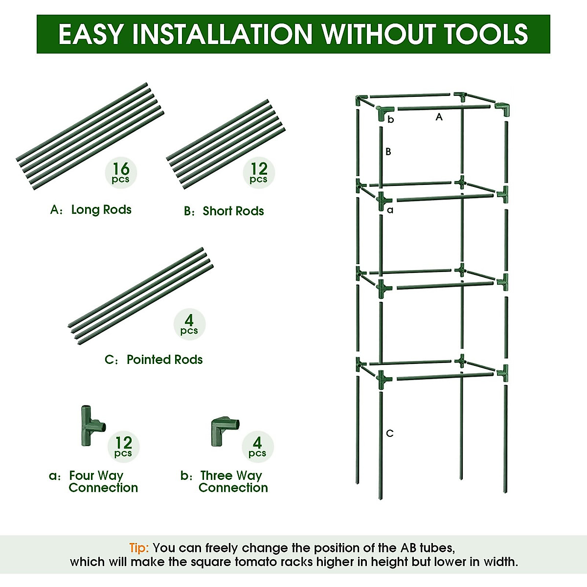 Hoyejyou 3 Pack Tomato Cages for Garden, 41.5 x 14 x 14 Inches Square Tomato Plant Support Pole, Heavy Duty Steel Plant Tower Stakes, Garden Cucumber Trellis for Climbing Vegetables Flowers Fruits