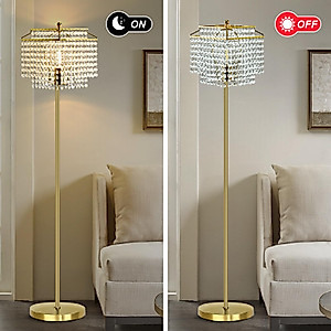 Luvkczc Crystal Floor Lamp Gold, Double-Layer Lampshade, Elegant Standing Lamp, Bedroom Standing Lights, Tall Standing Lamps for Living Room, Bedroom, Office, 8W LED Bulb Included