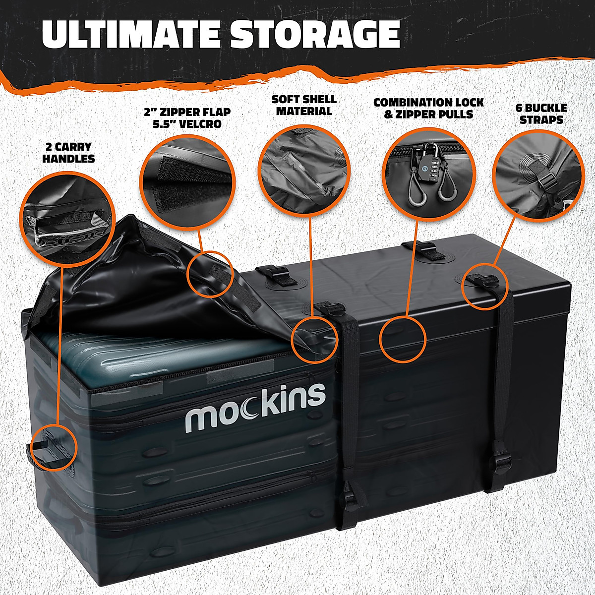 Mockins 16 Cu.Ft. Trailer Hitch Cargo Carrier Bag | 58"x20"x24" Abrasion-Resistant Vinyl Waterproof Cargo Bag for Hitch Carrier | All-Weather Truck Bed Storage Set w/Straps, Bag Lock, & Carry Bag