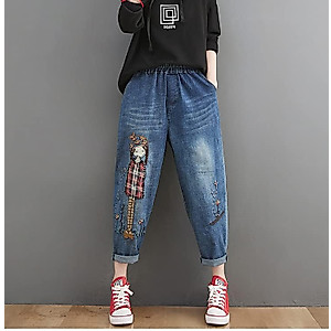 LAI MENG FIVE CATS Women Loose Jeans Denim Harem Pants with Elastic Waist with Pocket