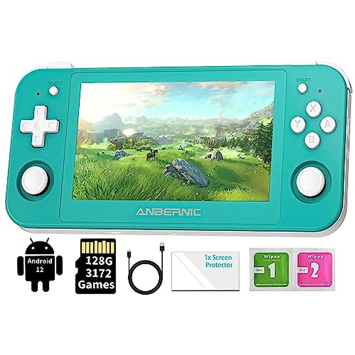 RG505 Handheld Game Console, Android 12 System Unisoc Tiger T618 CPU 4.95 Inch OLED Touch Screen With 128G TF Card 3172 Games Support 5G WIFI 5.0 Bluetooth (Turquoise)