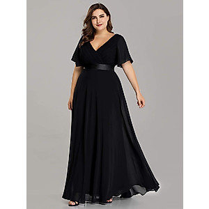 Ever-Pretty Women's Long V-Neck Ruffle Short Sleeves Plus Size Bridesmaid Dresses Black US22
