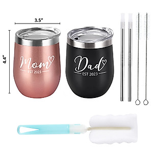 Homlouue New Parents Gift, Mom Dad Est 2023 Wine Tumbler Set for New Mom Dad Baby Shower New Pregnancy Baby Announcement, 12 Oz Insulated Stainless Steel Wine Tumbler, Set of 2, Black & Rose Gold