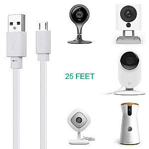 Smays 3-Pack 25 ft Micro USB Extension Cable Compatible with Wyze Cam v4, Wyze Cam Pan v3, Yi Cam, Nest Cam, Blink Mini Security Camera, Long Flat Power Cord, White
