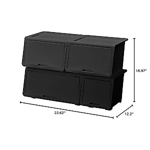 ASTAGE flip top storage bin lockable box plastic storage box with retractable lid modular stackable box storage organization - Large 2 Pack Black