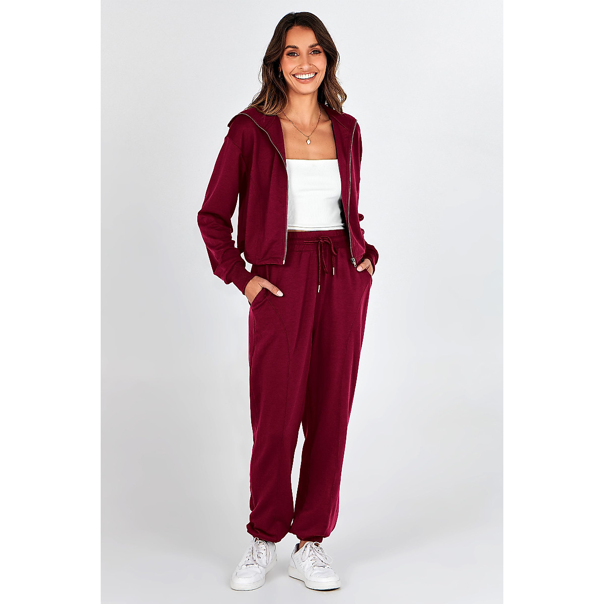 PRETTYGARDEN Women's 2 Piece Tracksuit Outfits Long Sleeve Zip Up Sweatshirt Drawstring Sweatpants Lounge Set (Wine Red,X-Large)