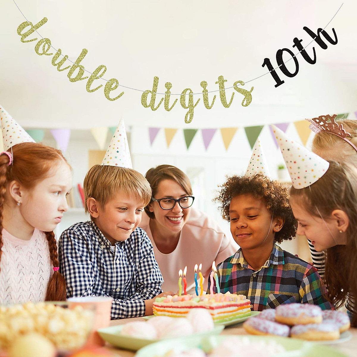 Double Digits 10th Birthday Banner, Happy 10th Birthday Party Decorations, 10 Years Old Birthday Sign (Gold Glitter)