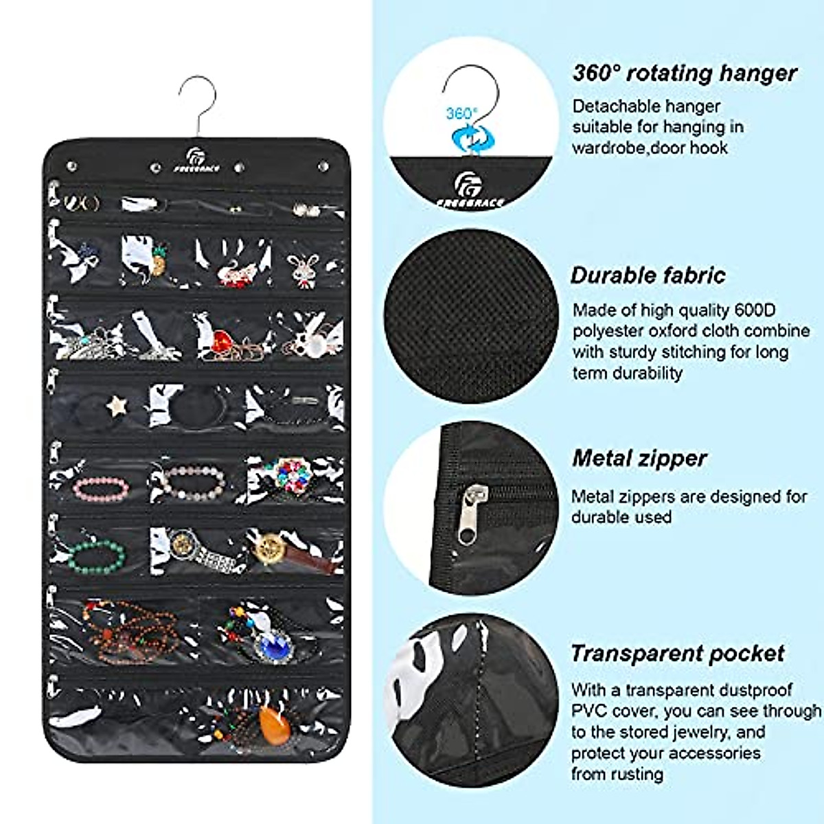 Freegrace Hanging Jewelry Organizer Revolving Hanger - Secure Zipper Closure - 50 Pockets - Foldable Storage & Display Solution - For All Jewelry & Bijoux (Black)