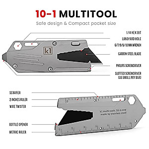 ITOKEY Multitool knife, EDC Keychain Knife with Bottle Opener, Pocket Box Cutter Utility Knife, Wrench, Pry Bar Tool, Ruler, Screwdriver, Extra 10 Razor Blades and Small Hex Bit, Multi Tool for Men