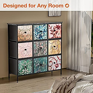 YILQQPER Dresser for Bedroom with 9 Drawers, Chest of Drawers for Closet, Living Room, Hallway, Nursery, Tall Storage Organizer Unit with Sturdy Steel Frame, Fabric Bins, Wood Top (Floral Painted)