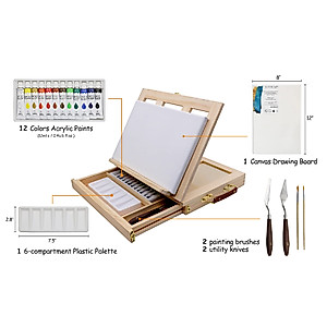 LUCYCAZ Tabletop Easel Set - Easel for Painting Canvases, Painting Easel Kits for Kids and Adults with Wood Canvas Stand, 12 Colors Acrylic Paints, 2 Brushes, Plastic Palette and Palette Knives