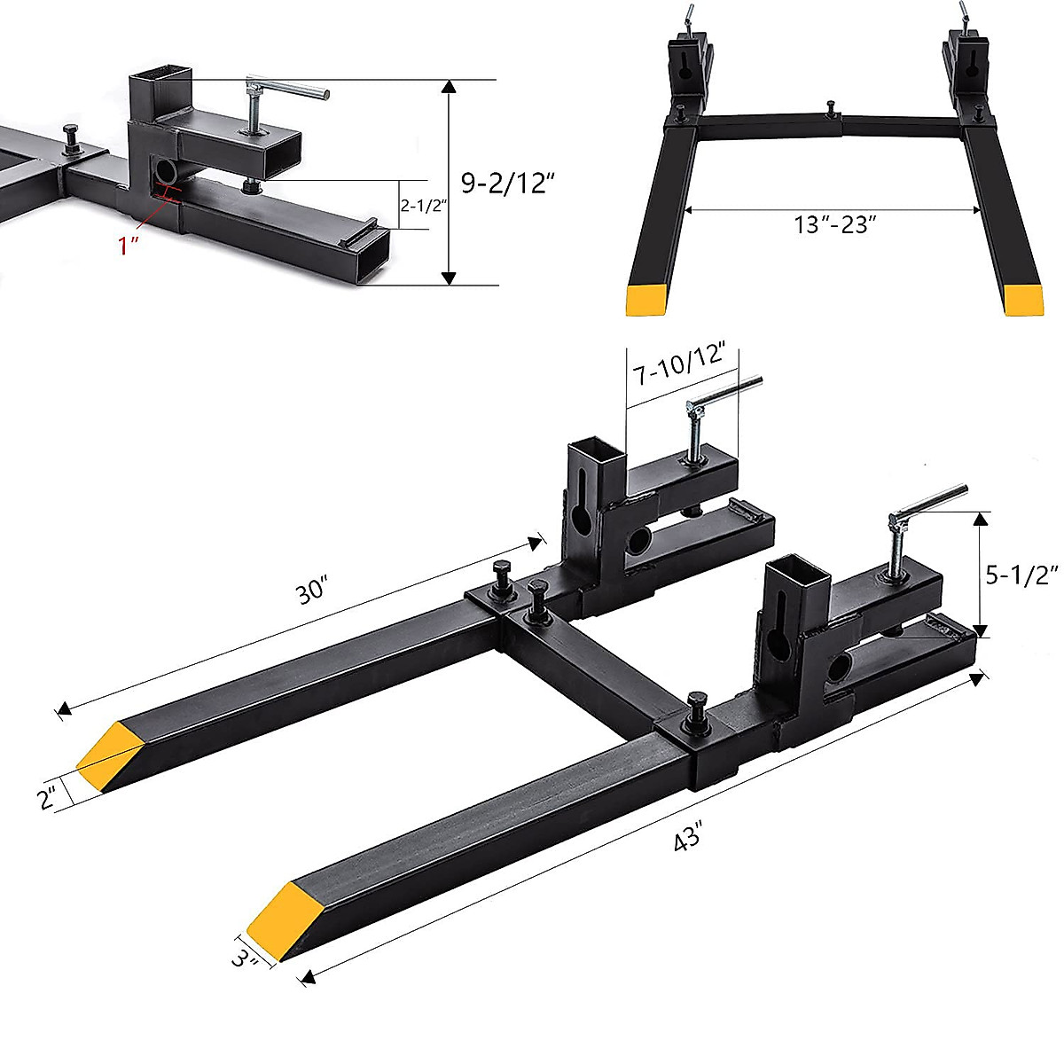 Pallet Forks Clamp On for Tractor Bucket w/Adjustable Stabilizer Bar -43" 2000lbs Capacity Max Tractor Bucket Forks（43inch Total Length）