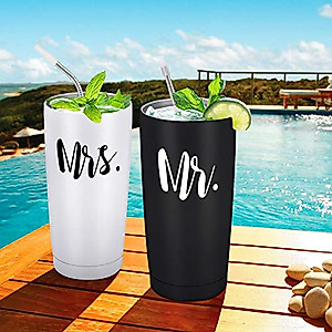 Mr and Mrs Tumbler Set of 2 Stainless Steel Travel Tumbler Ideas for Newlyweds Couples Wife Bride To Be Newly Engaged Bridal Shower, Insulated Travel Tumbler for Wedding Engagement(20 oz, Black&White)