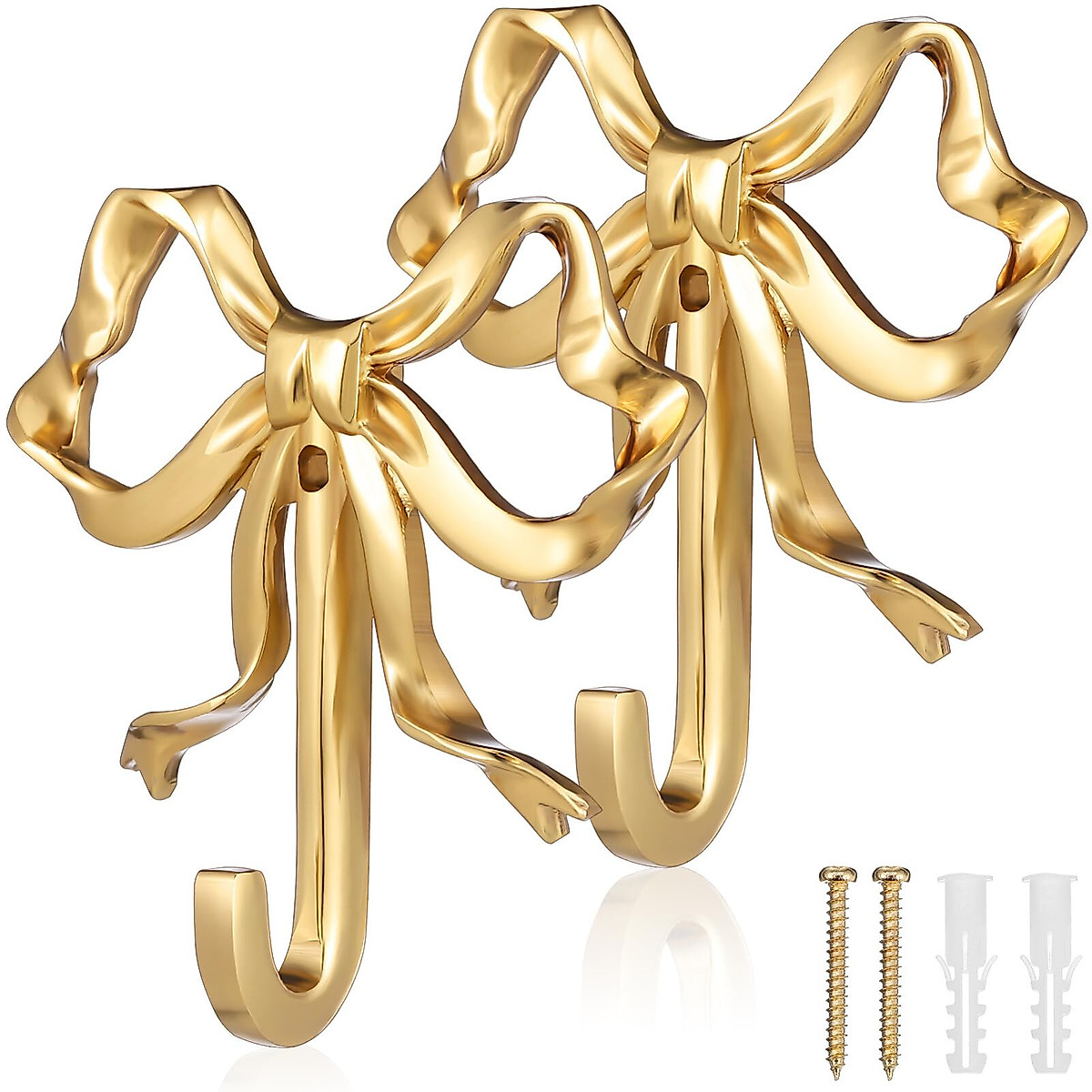 Gadpiparty 2Pcs Bow Hook Decorative Wall Hooks Bowknot Coat Hook Gold Towel Robe Hook Hanging Brass Hooks for Home Bedroom Bathroom Office Outdoor (2.63 inches)
