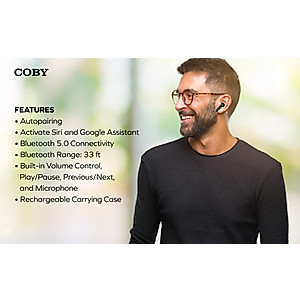 Coby True Wireless Earbuds | Bluetooth Ear Buds with Auto-Pairing | 22-HR Play w/Rechargeable Carry Case | Built-in Microphone |Touch Controls | Siri, Google Assistant Compatible Bluetooth Headphones