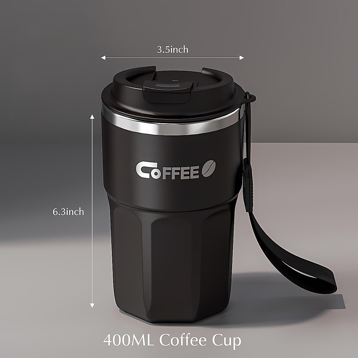 Colawind 16oz Travel Mug, Reusable Coffee Cups with Flip Top Lids, Stainless Steel Coffee Tumbler with Rope, 480ml Black Drink Cup for Iced Tea, Coffee, Water