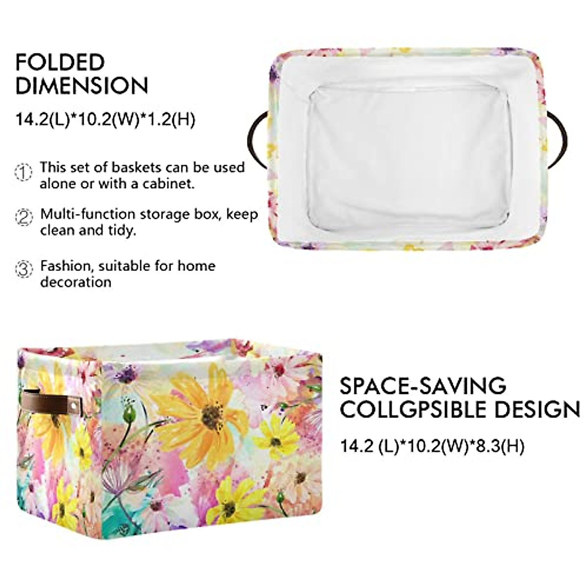 Kigai Colorful Flowers Storage Basket with Handles Collapsible Storage Bins Canvas Fabric Storage Organizer for Shelves Closet Bedroom Living Room 2Pack