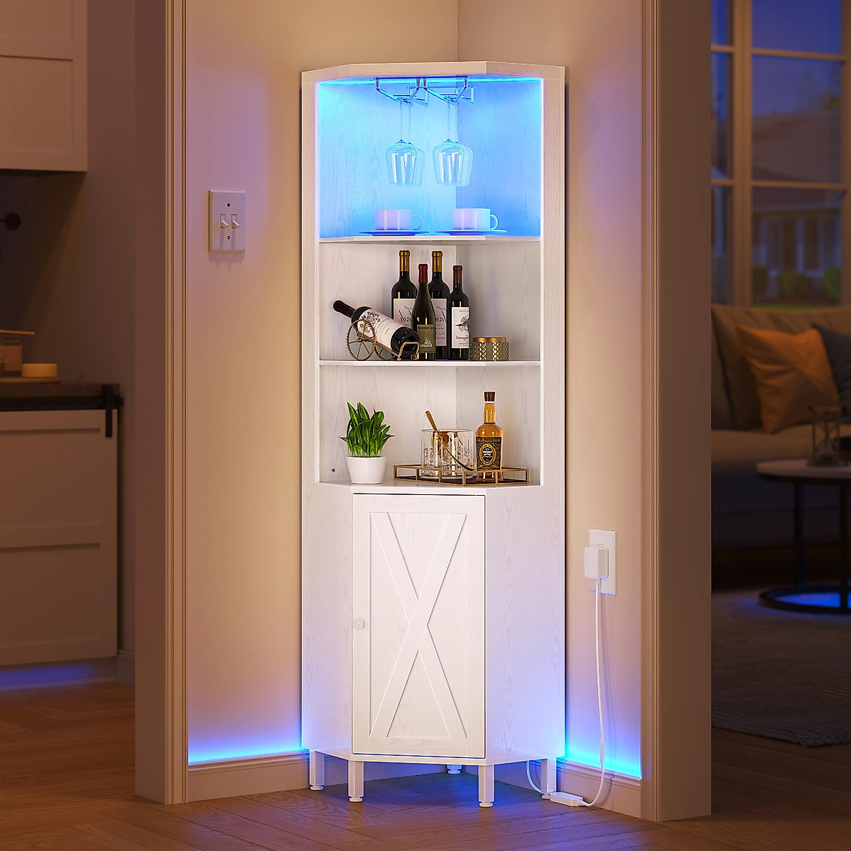 YITAHOME Corner Bar Cabinet with LED Lights & Glass Holder, 5 Tier Corner Shelf with Storage, Wine Rack Cabinet Display Shelves for Living Room, Dining Room, Kitchen, White