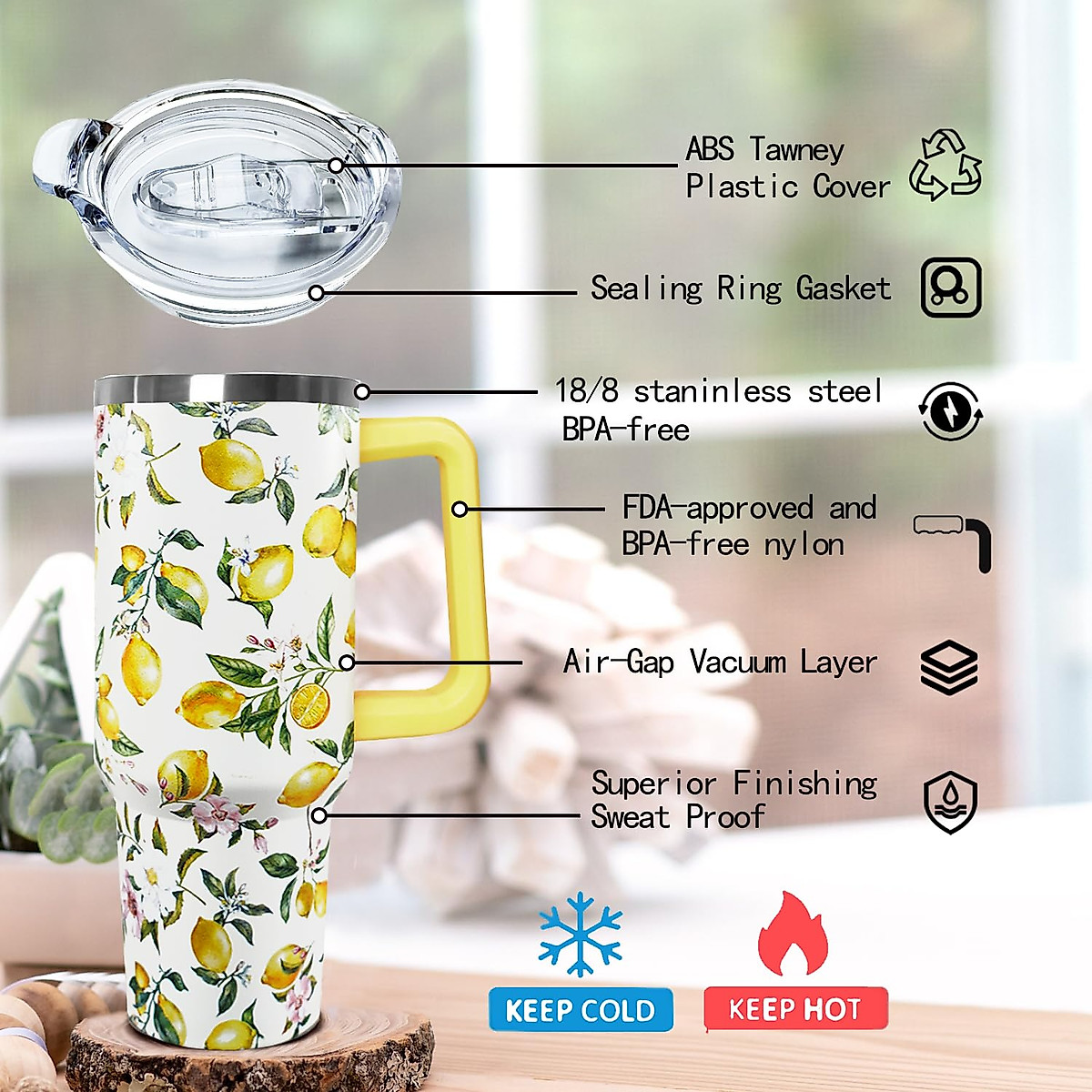 30 oz Stainless Steel Tumbler with lid and Straw,Yellow CoffeeTravel Mug Cup Water Botter, Lemon Gifts for Lemon Lovers