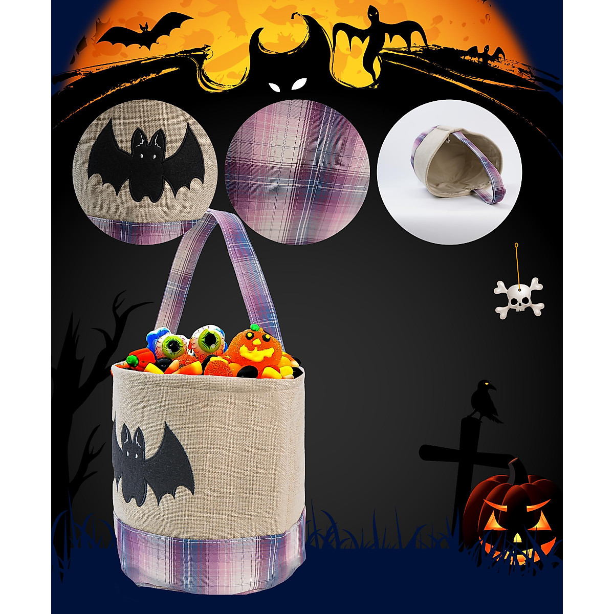 MT WORLD Personalized Halloween Bucket Pumpkin Pail Canvas Candy Bucket Large Reusable Trick or Treat Tote Bags for Girls Boys Halloween Cookies Gifts (Pumpkin)