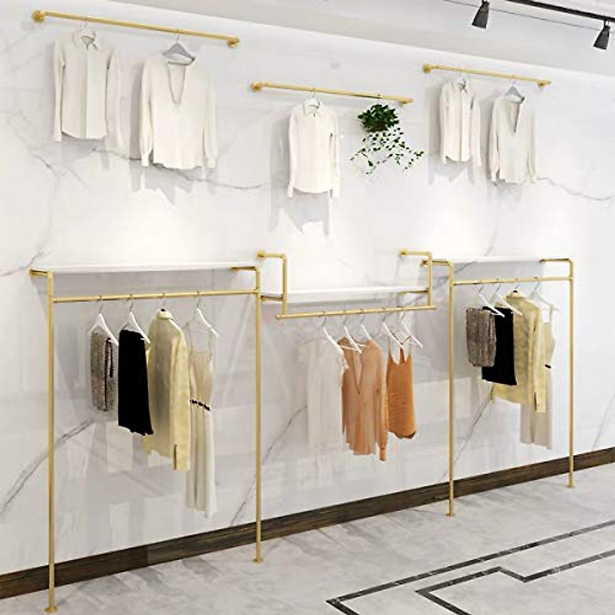 Ethemiable Simple Metal Wood Clothing Store Display Stands, Entrance Porch Organization Hanging Garment Rack,Wall Mounted Storage Clothes Shoe Bag Pipe Shelf, Home Bookcase Towel Rack (Gold, 59" L)