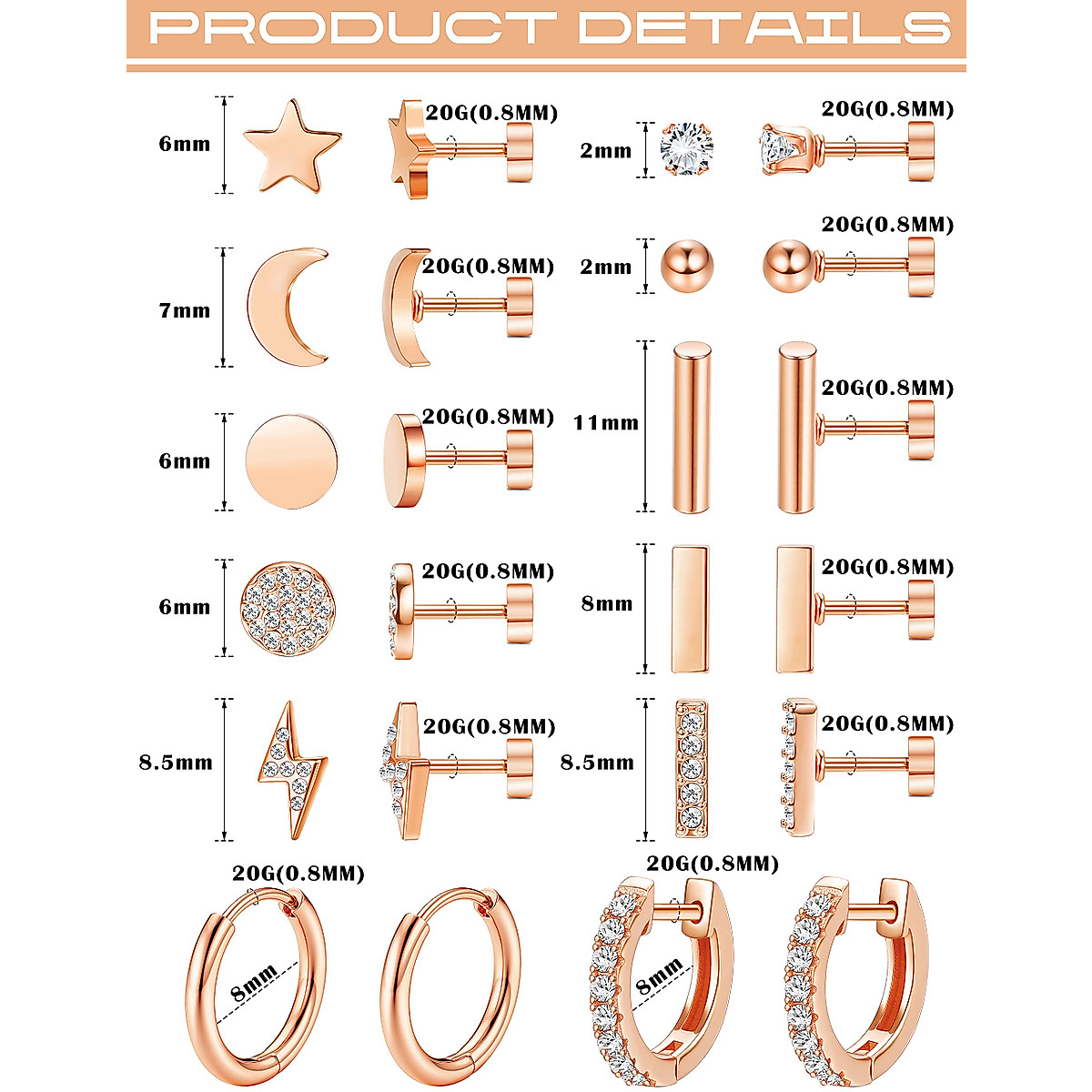 FASACCO 10Pairs Flat Back Earrings for Women Men - Hypoallergenic 14K Gold Plated Stainless Steel Flatback Stud Small Huggie Hoop Earrings 20G Tiny Gold Stud Earring Sets for Multiple PIercing Rose